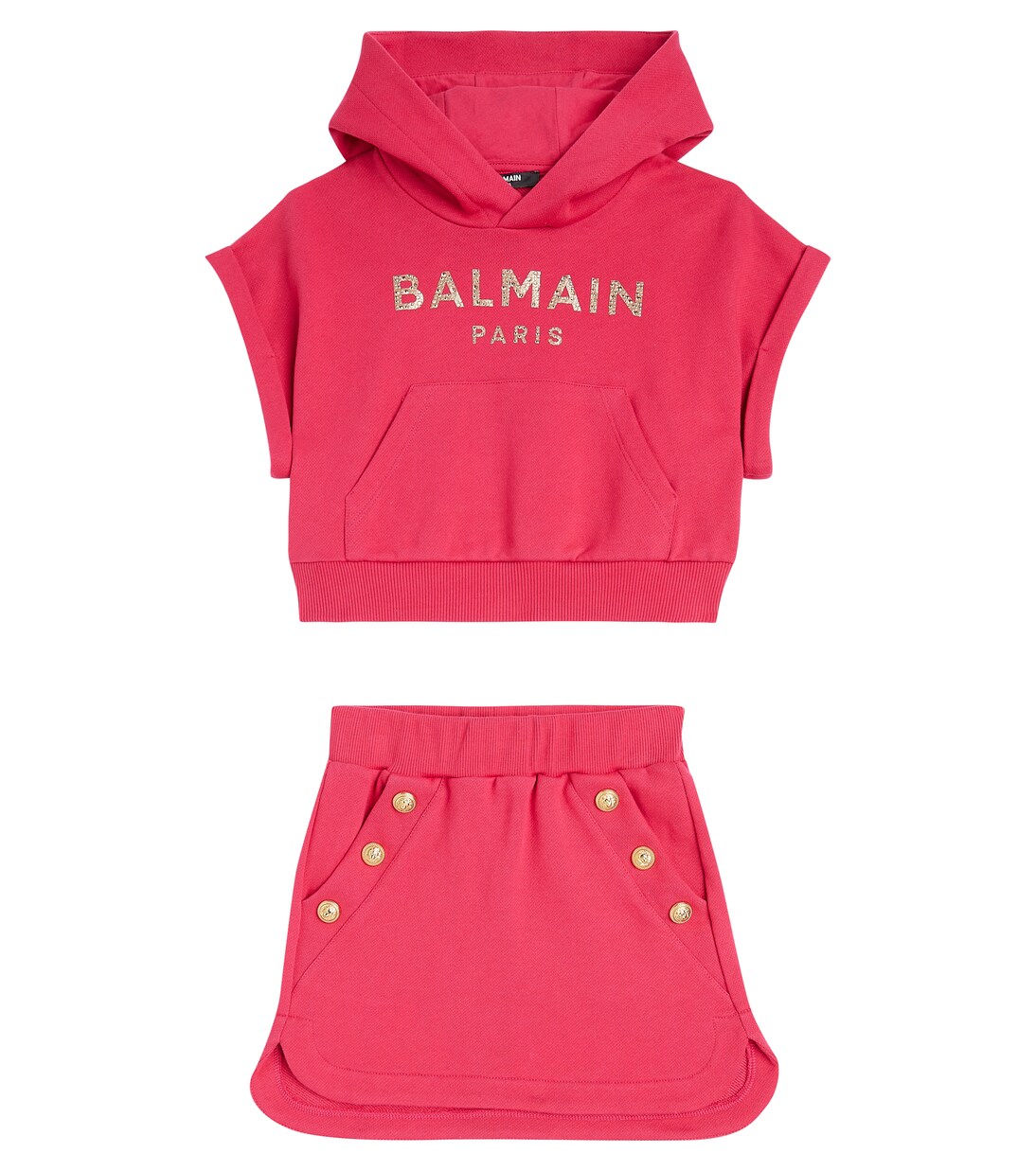 Logo cotton fleece hoodie and skirt set in pink - Balmain Kids | Mytheresa