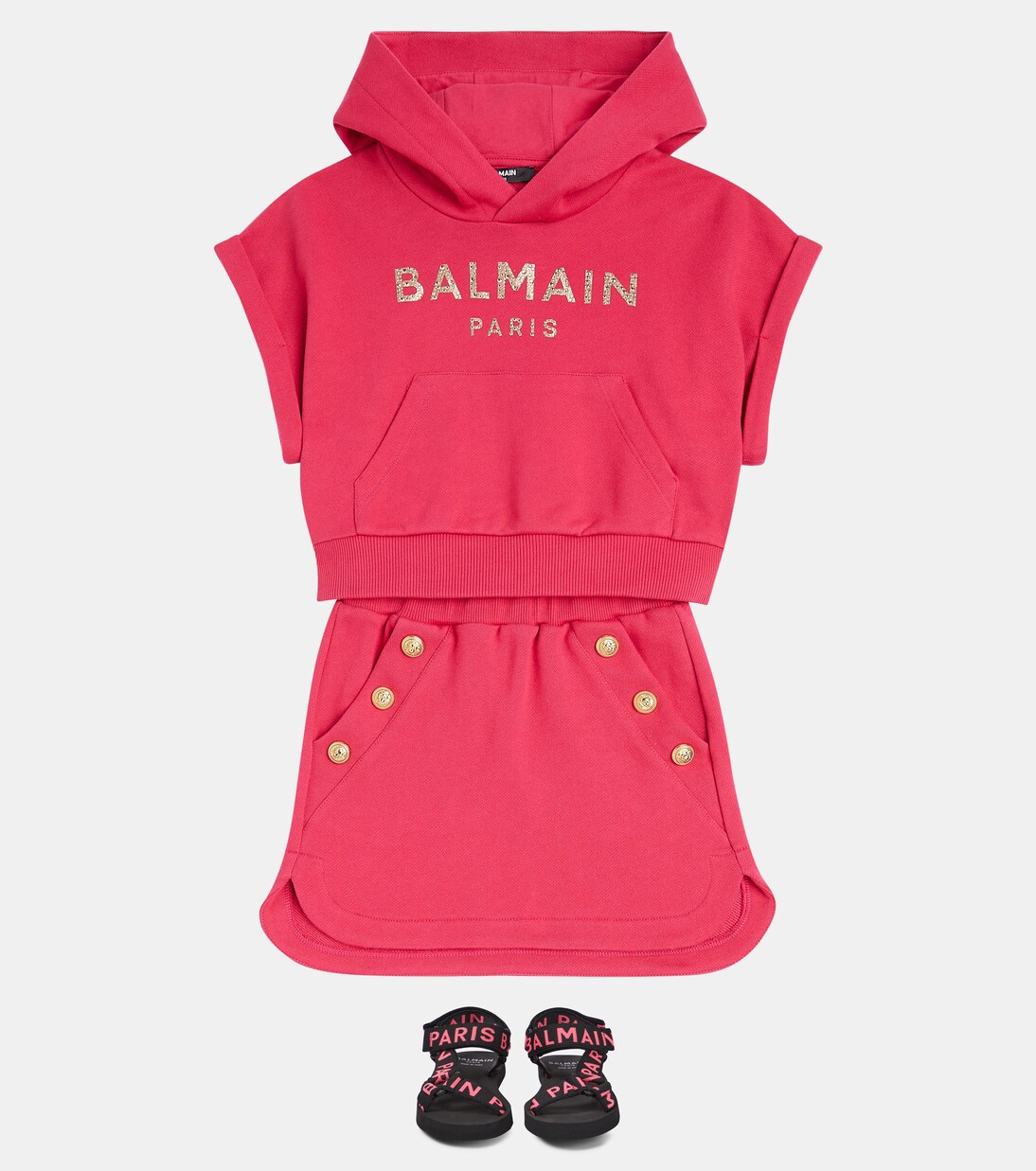 Logo cotton fleece hoodie and skirt set in pink - Balmain Kids | Mytheresa