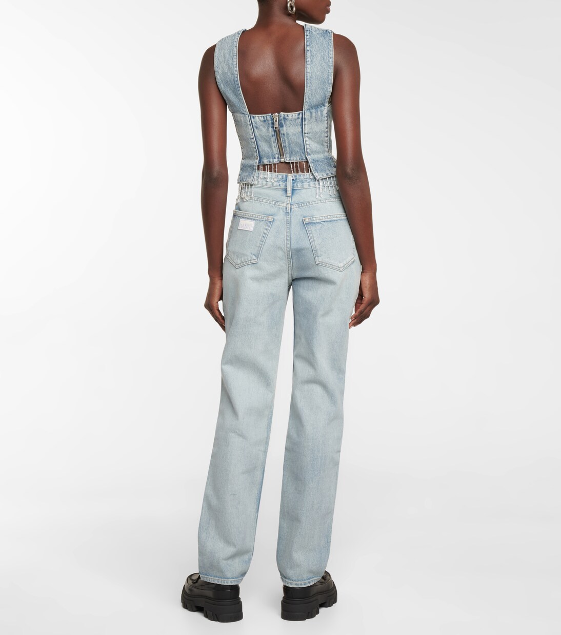 Embellished denim crop top in blue - Ganni | Mytheresa