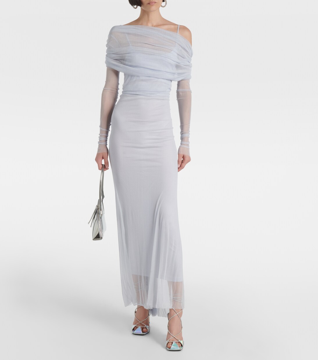 Veiled off-shoulder tulle maxi dress in blue - Christopher Esber ...