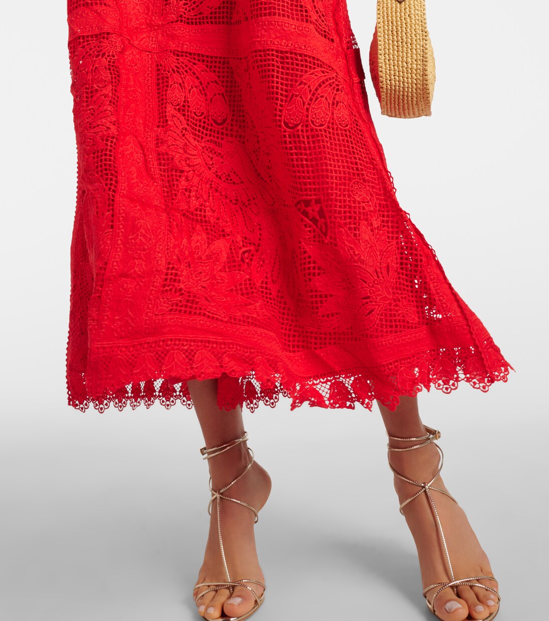 红色的Red Toucan凸花蕾丝中长半身裙 - Farm Rio | Mytheresa美遴世