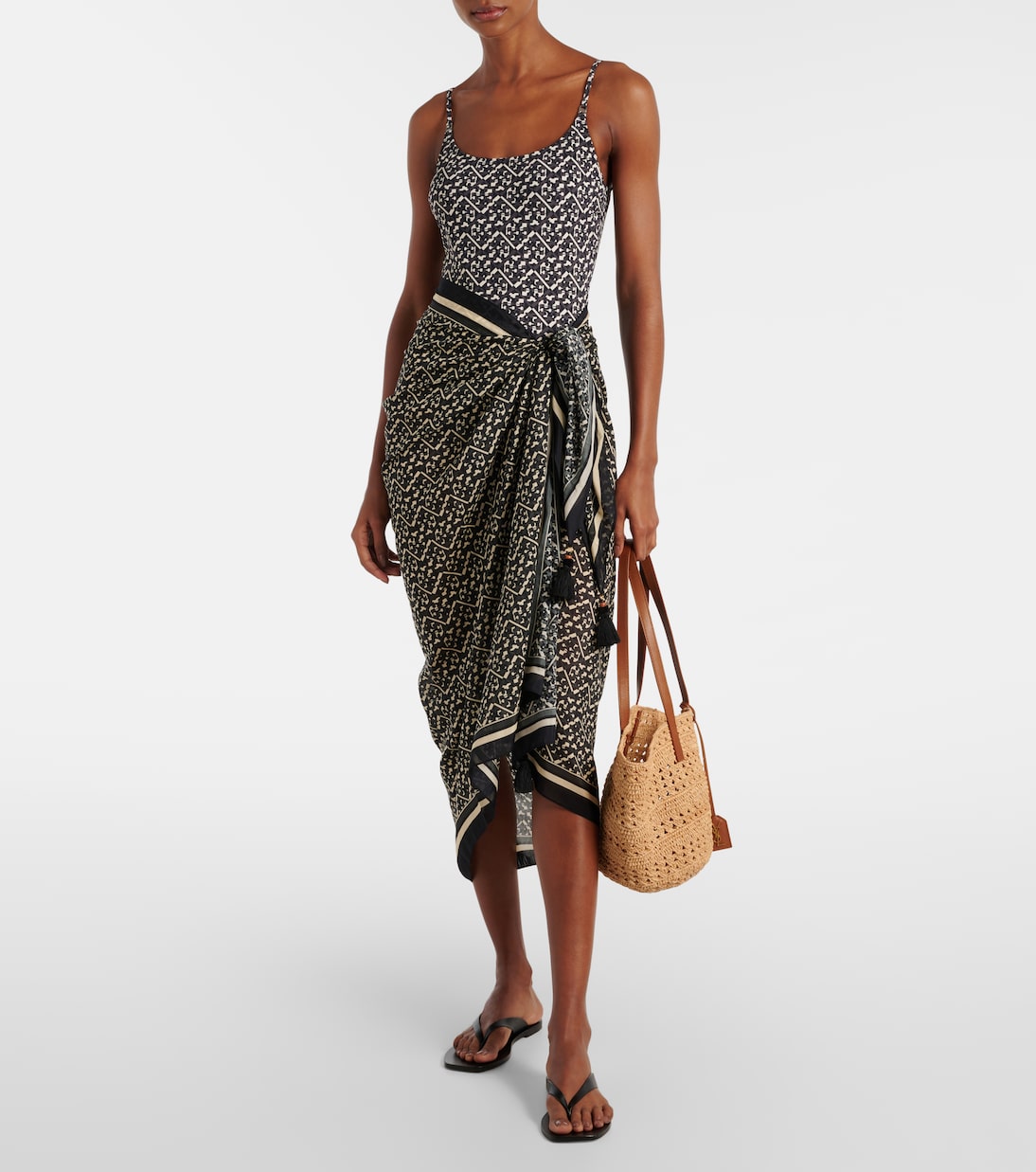 Printed cotton and silk beach cover-up in black - Tory Burch | Mytheresa