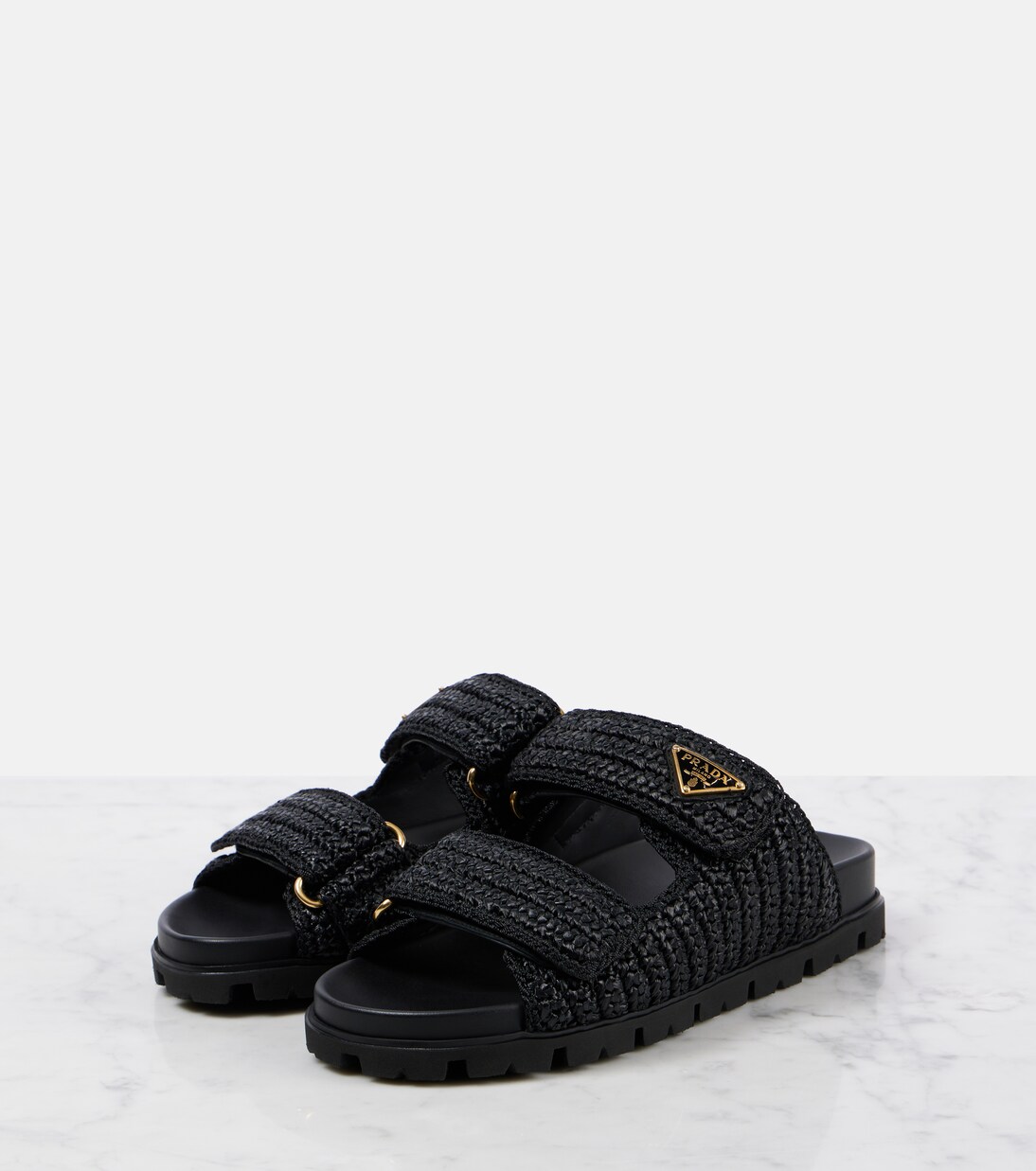 Logo raffia-effect sandals in black - Prada | Mytheresa