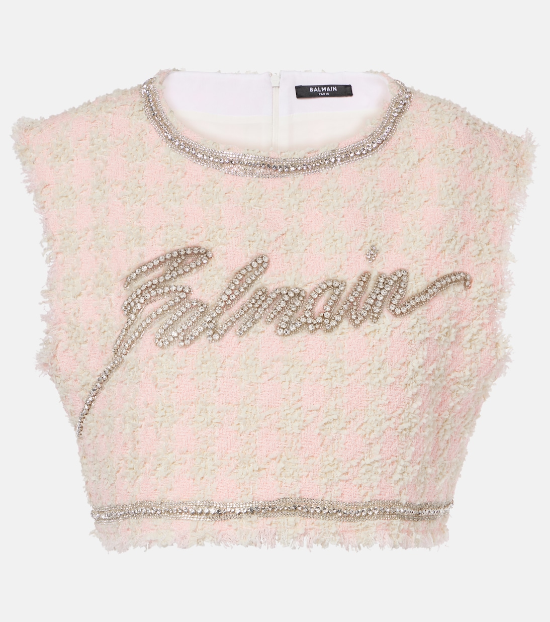 Logo embellished bouclé crop top in pink - Balmain | Mytheresa