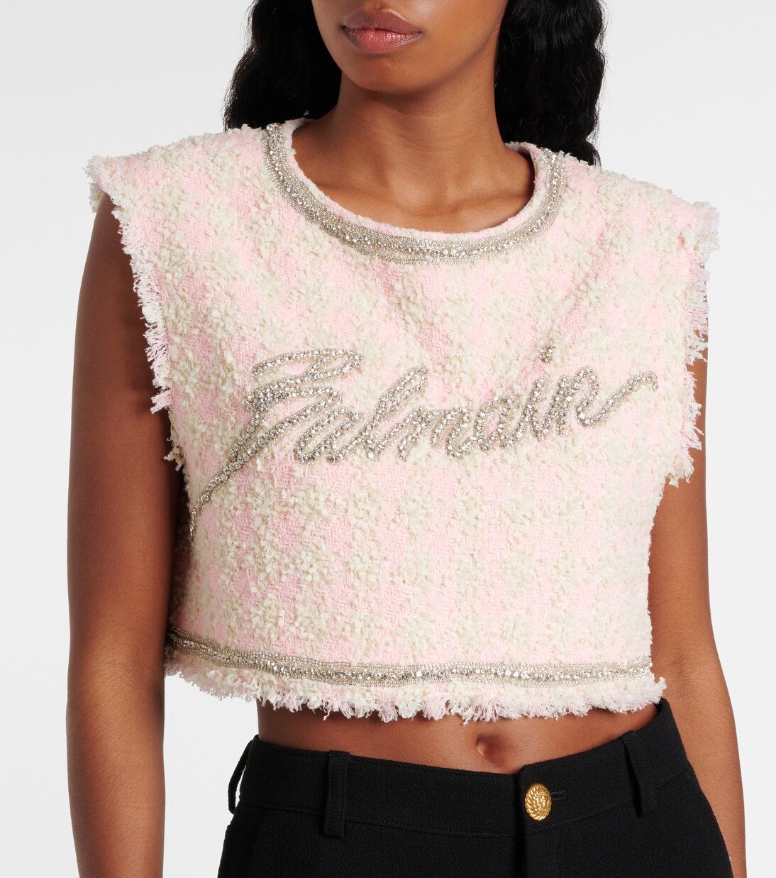 Logo embellished bouclé crop top in pink - Balmain | Mytheresa