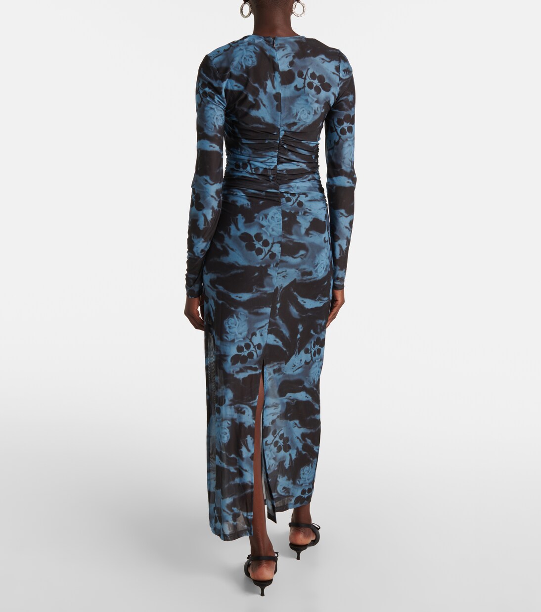 Printed ruched mesh maxi dress in blue - Ganni | Mytheresa