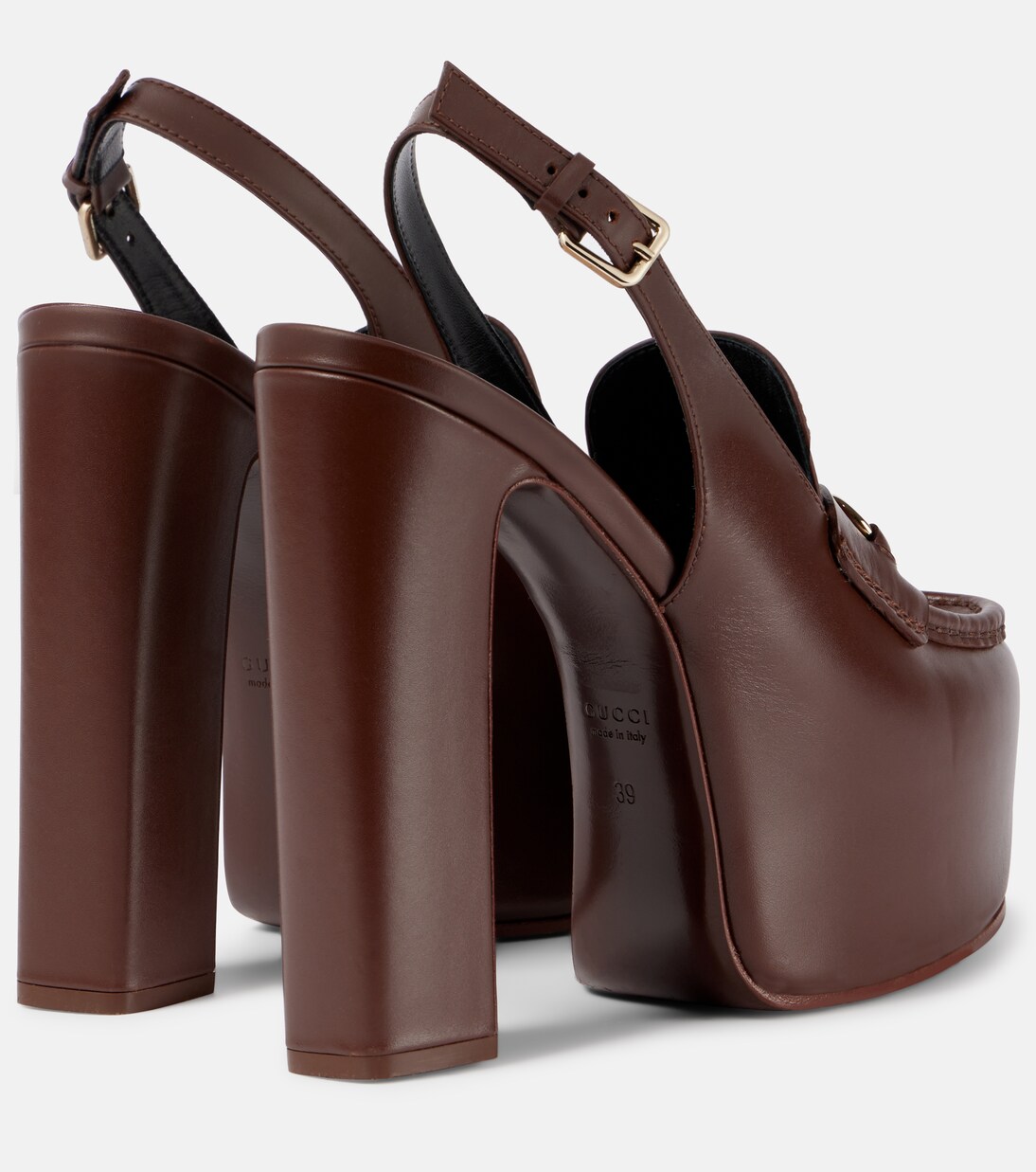 Horsebit leather platform slingback pumps in brown - Gucci | Mytheresa