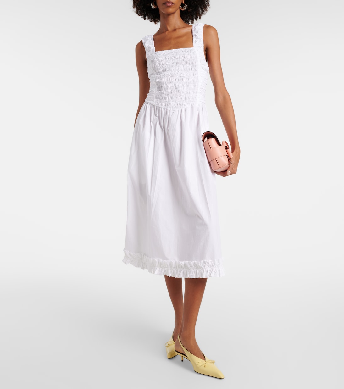 Shirred cotton poplin midi dress in white - Ganni | Mytheresa
