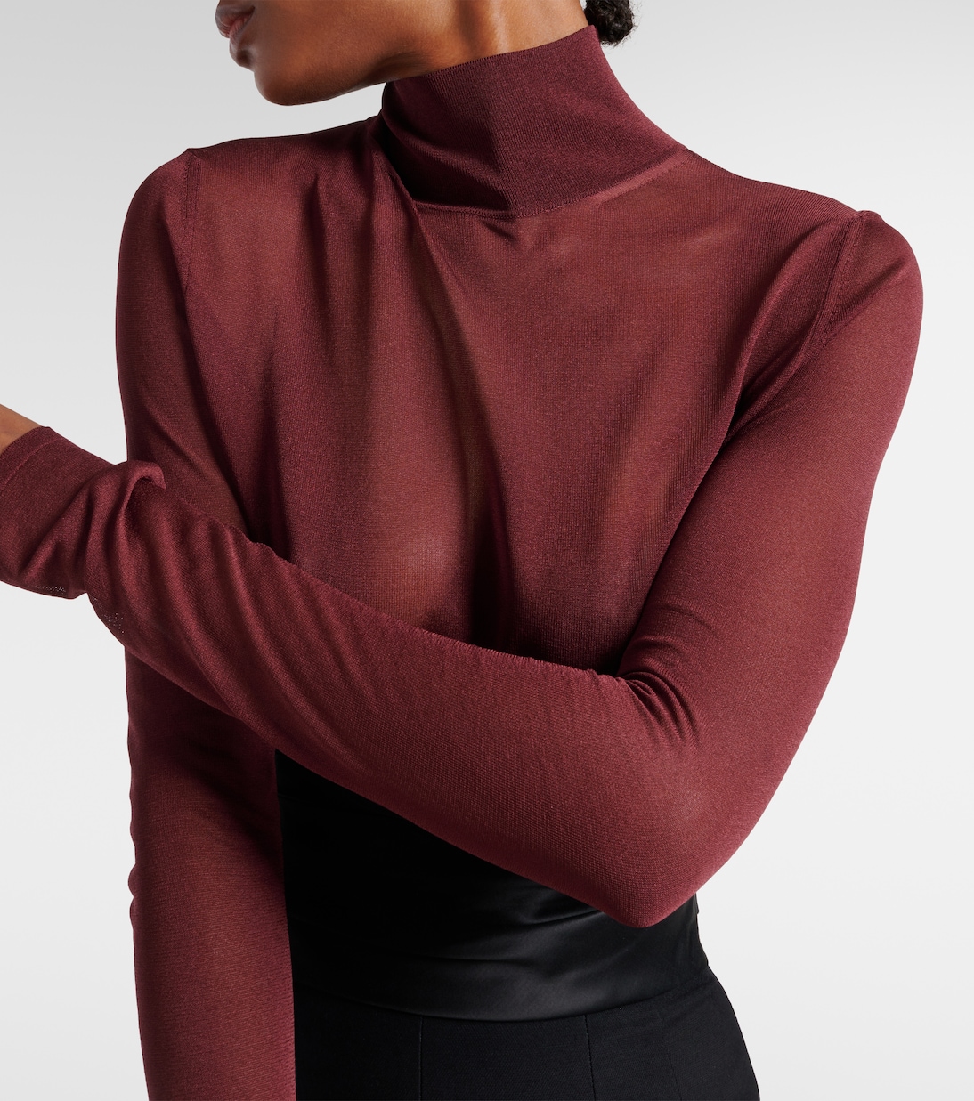 Tallin turtleneck sheer mesh bodysuit in burgundy - Khaite | Mytheresa