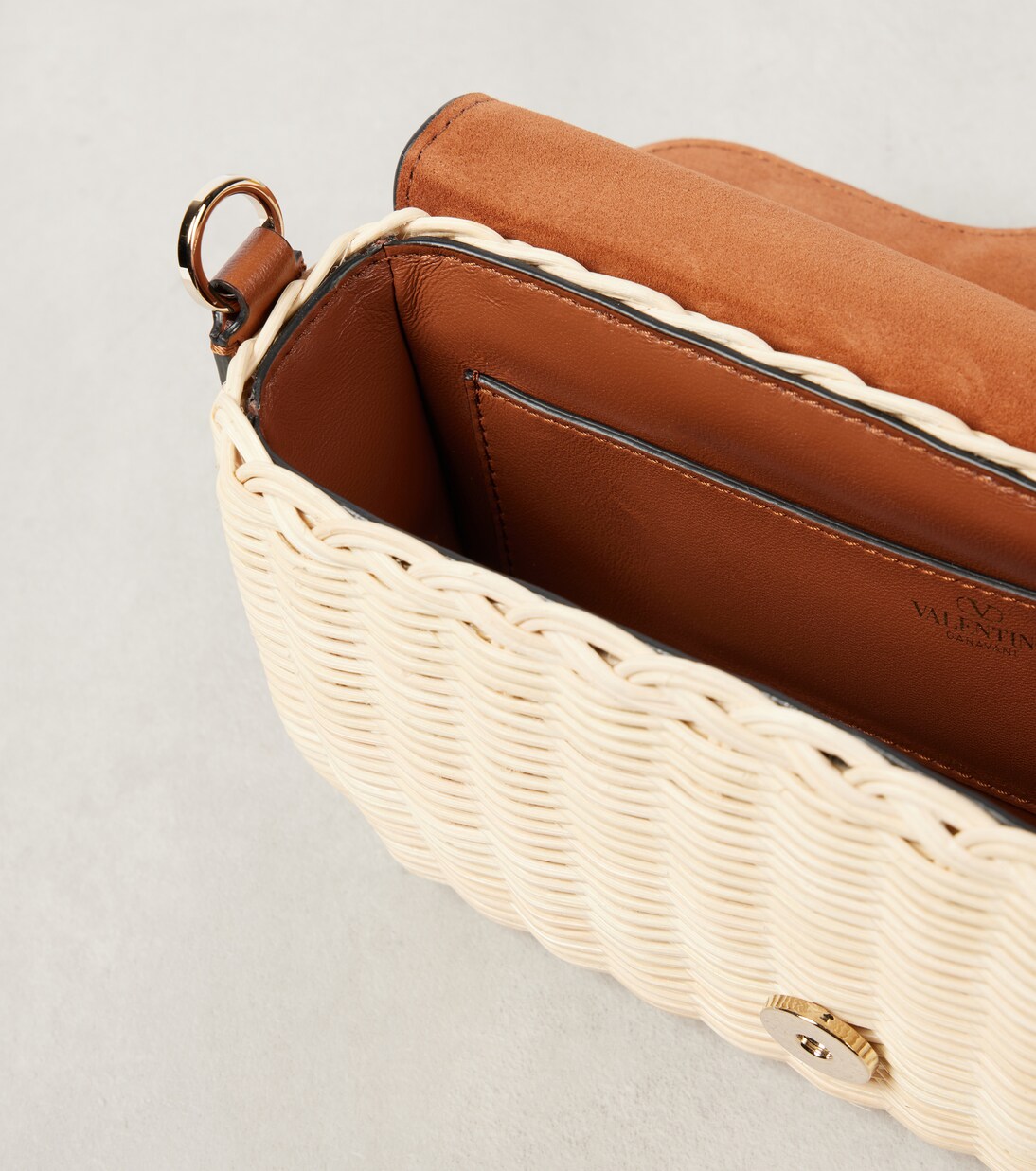 Locò Small leather-trimmed shoulder bag in beige - Valentino Garavani ...