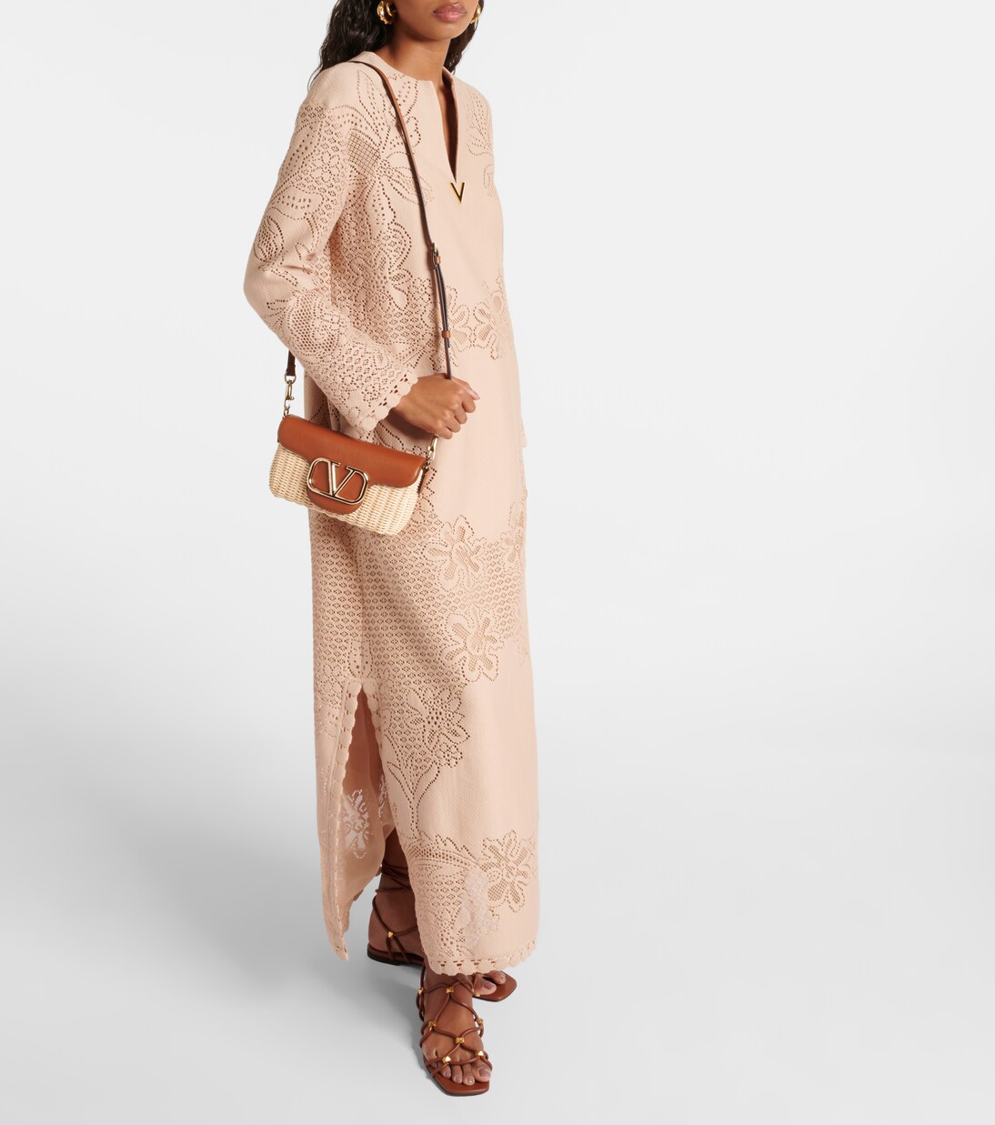 Locò Small leather-trimmed shoulder bag in beige - Valentino Garavani ...