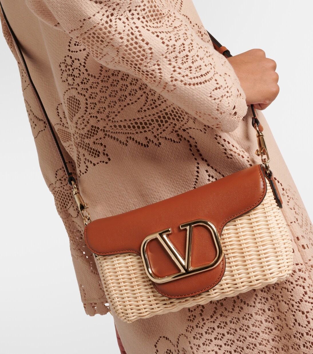 Locò Small leather-trimmed shoulder bag in beige - Valentino Garavani ...