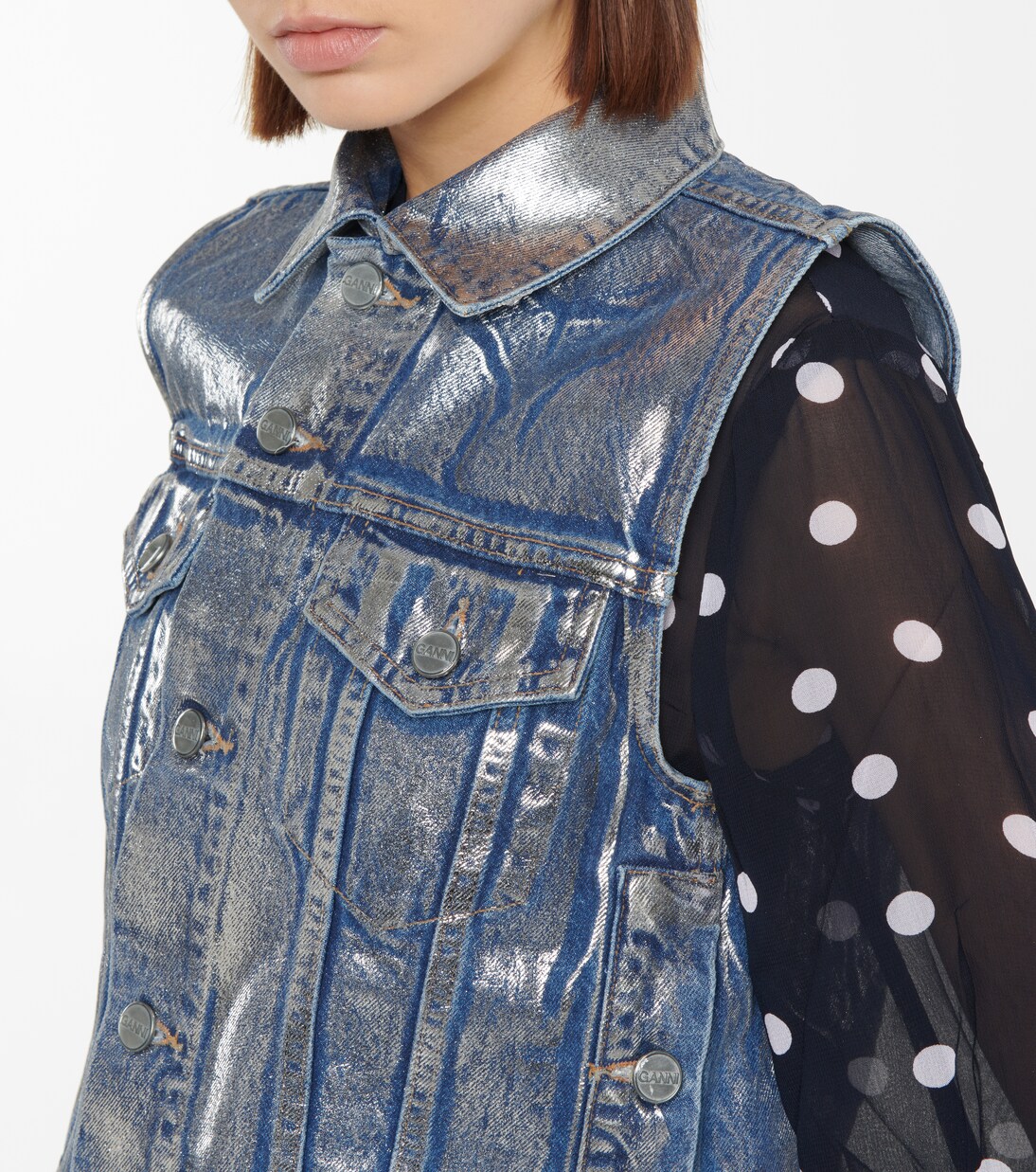 Metallic denim vest in blue - Ganni | Mytheresa