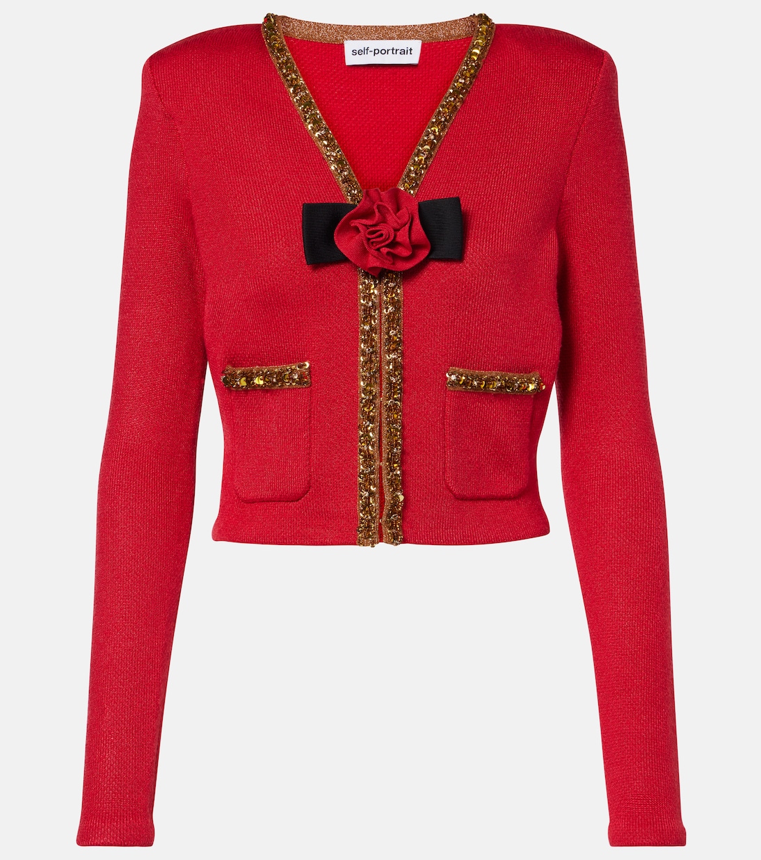 Waffle-knit embellished cardigan in red - Self Portrait | Mytheresa