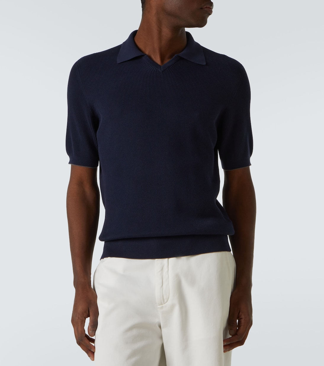 Ribbed-knit cotton polo sweater in blue - Brunello Cucinelli | Mytheresa