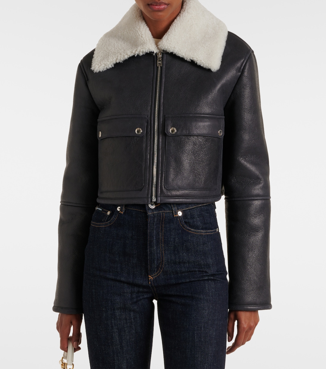 Shearling-trimmed cropped leather jacket in black - Dolce Gabbana ...