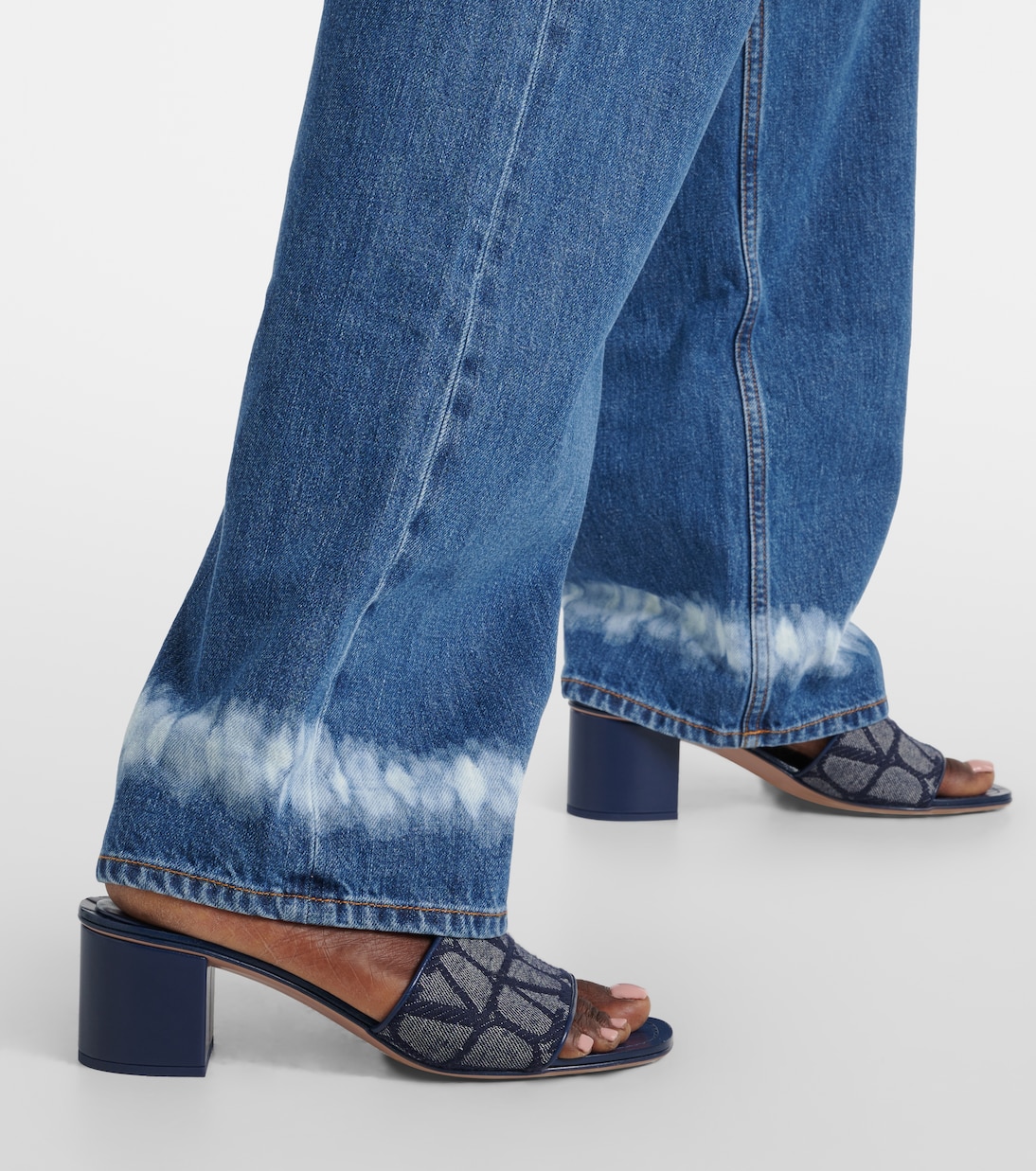 Toile Iconographe leather-trimmed denim slides in blue - Valentino ...