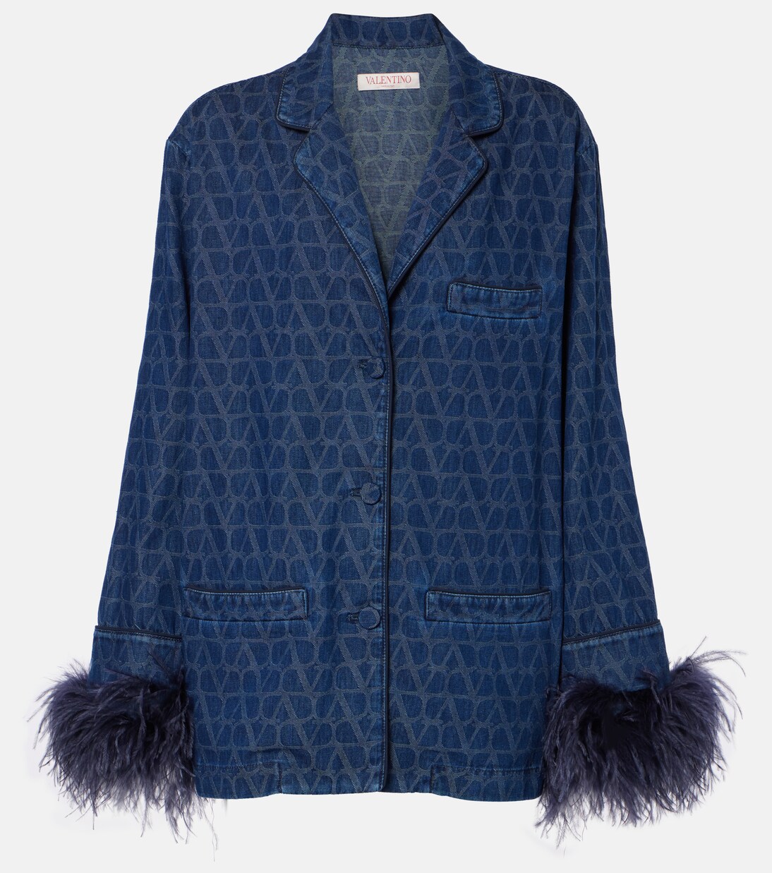Feather-trimmed denim shirt in blue - Valentino | Mytheresa