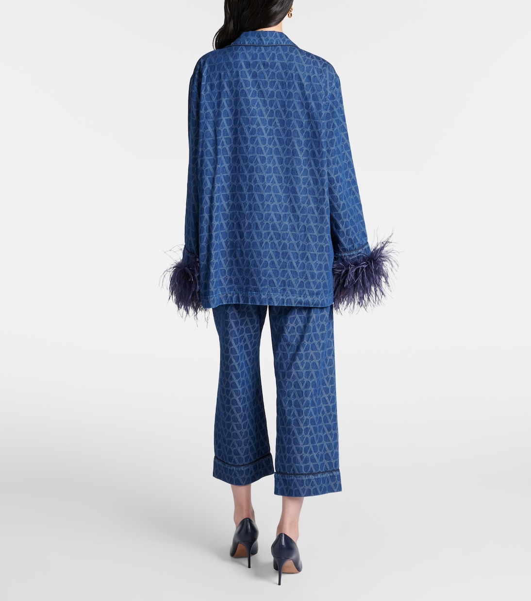 Feather-trimmed denim shirt in blue - Valentino | Mytheresa