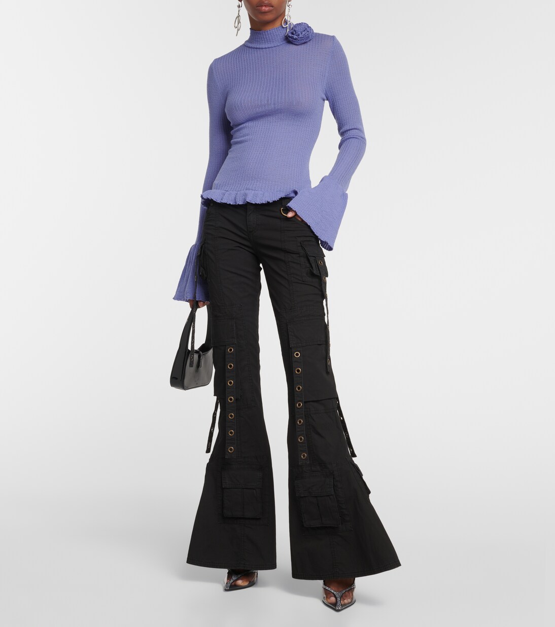 Ruffle-trimmed ribbed-knit wool sweater in blue - Blumarine | Mytheresa