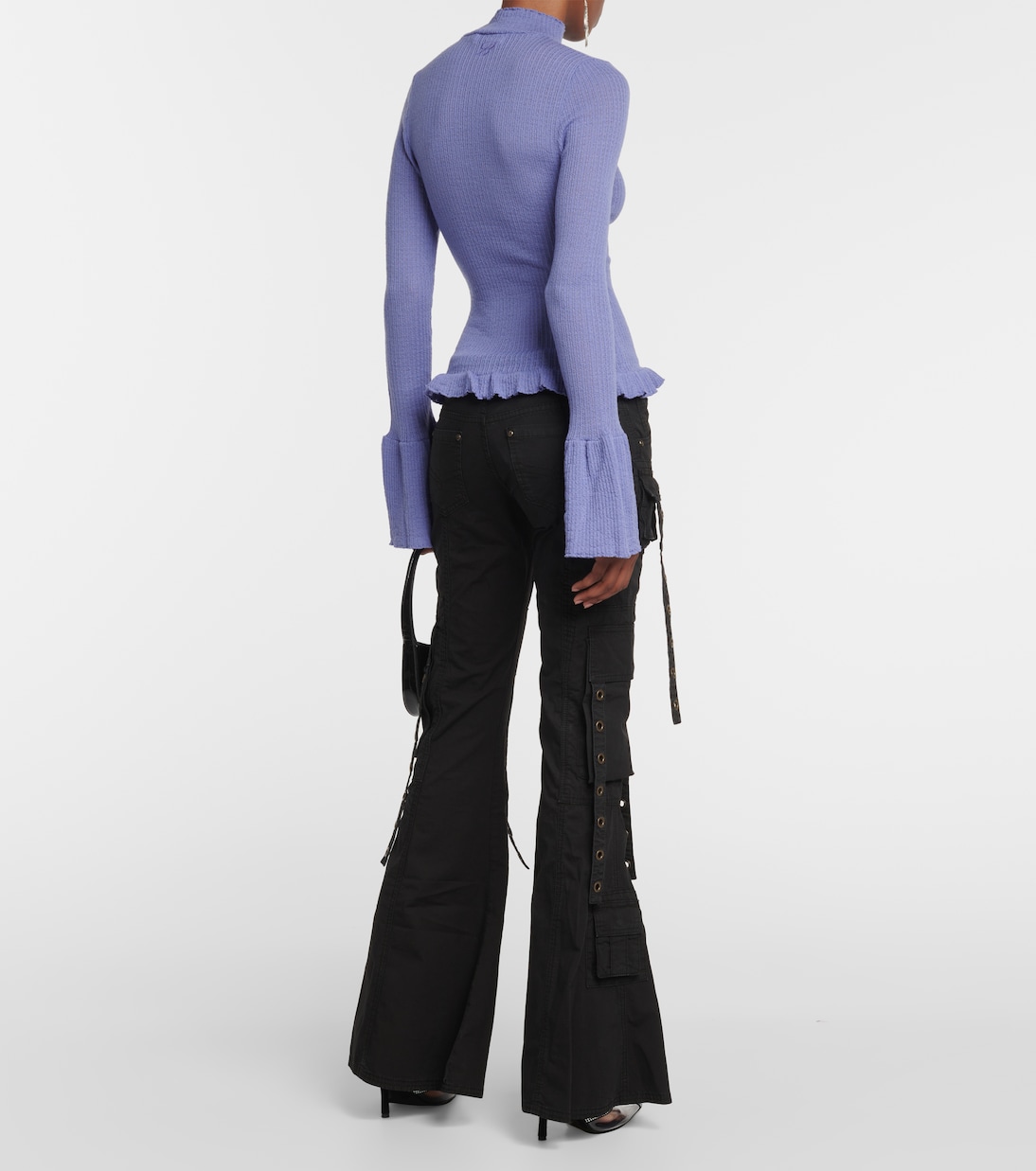 Ruffle-trimmed ribbed-knit wool sweater in blue - Blumarine | Mytheresa