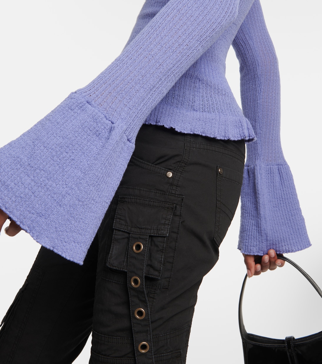 Ruffle-trimmed ribbed-knit wool sweater in blue - Blumarine | Mytheresa