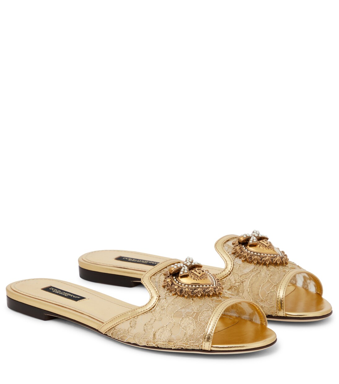 Bianca embellished lace slides in gold - Dolce Gabbana | Mytheresa