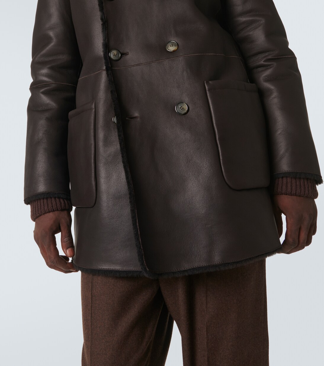 Reversible leather and shearling peacoat in brown - Giorgio Armani ...