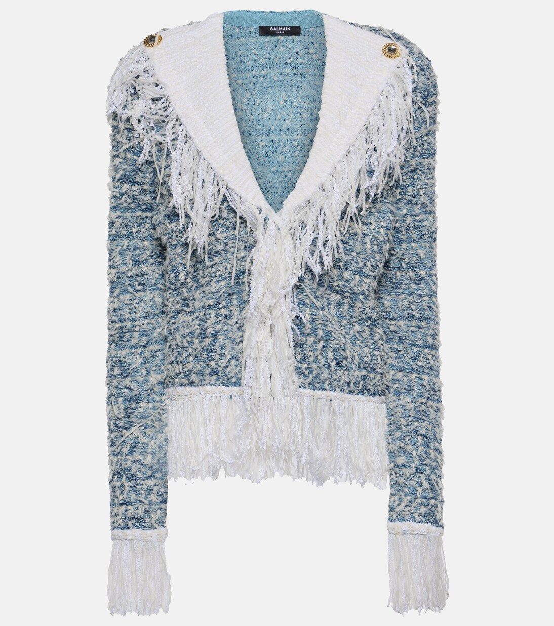 Fringed denim tweed jacket in blue - Balmain | Mytheresa