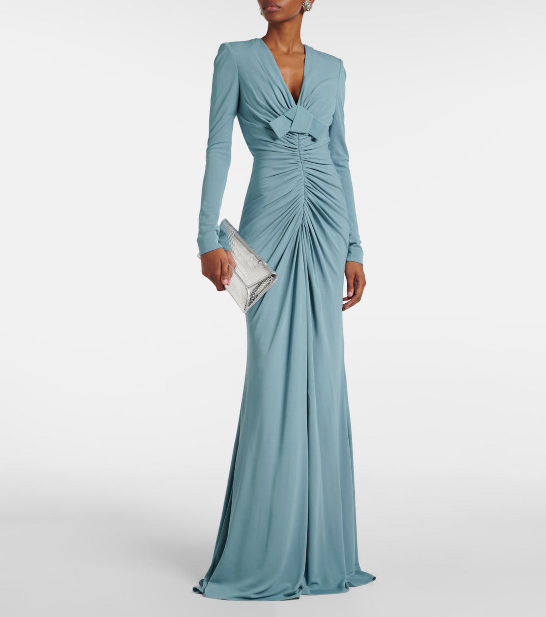 Bow-detail ruched jersey gown in blue - Elie Saab | Mytheresa