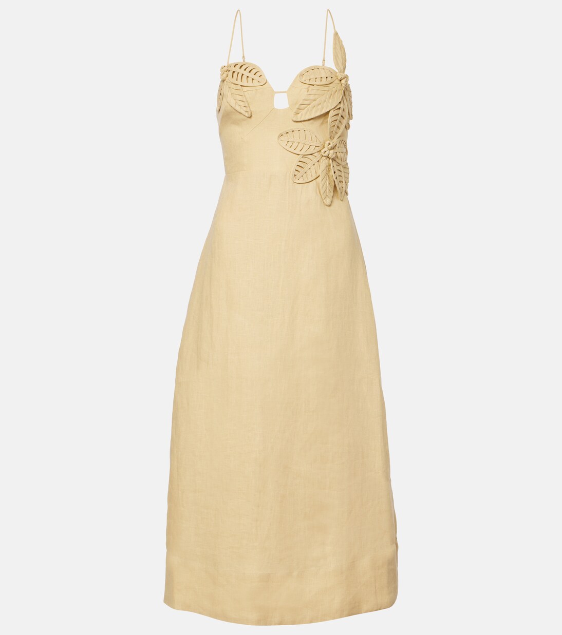 Sand appliqué linen midi dress in yellow - Farm Rio | Mytheresa