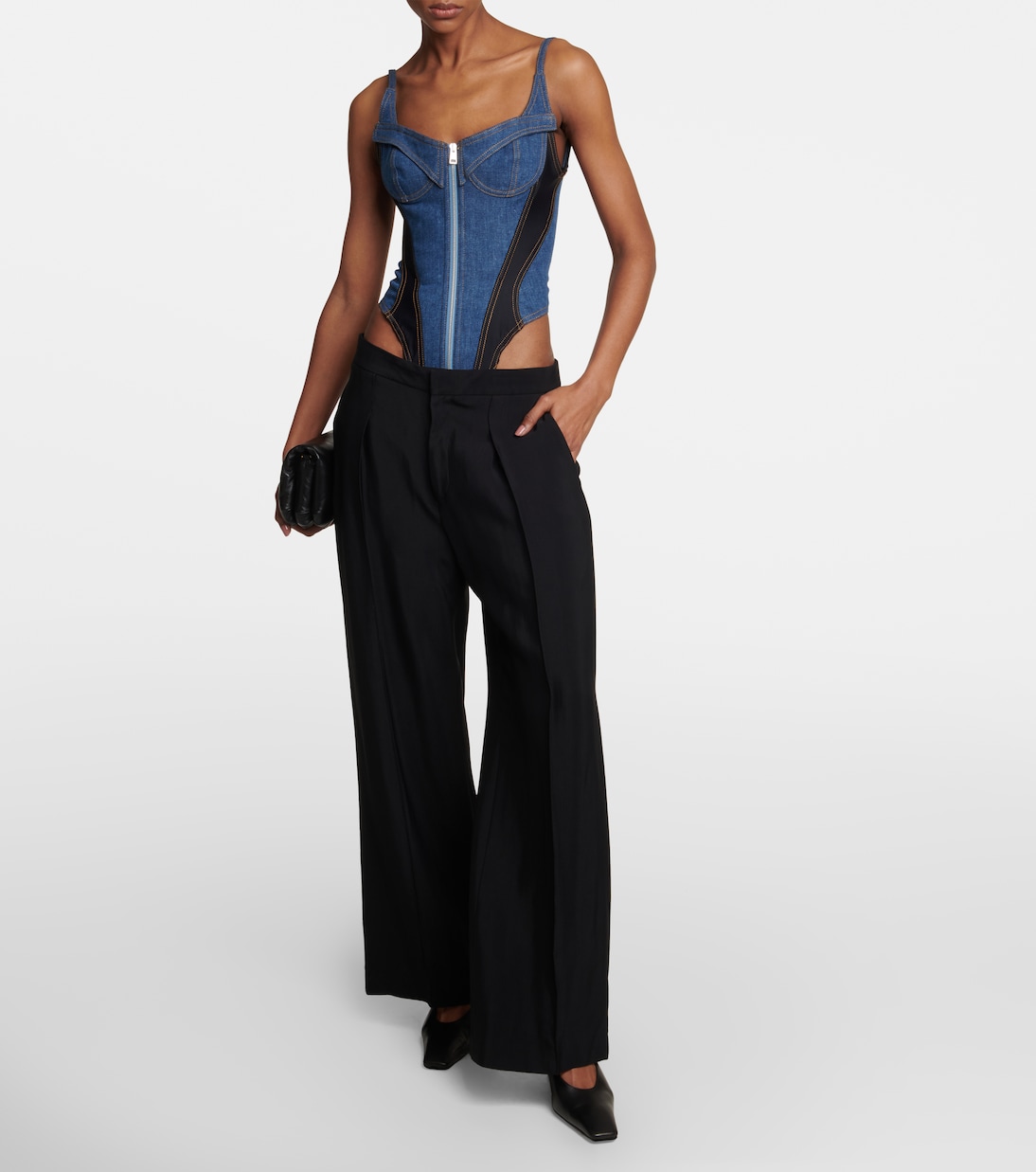 Paneled denim bodysuit in multicoloured - Mugler | Mytheresa