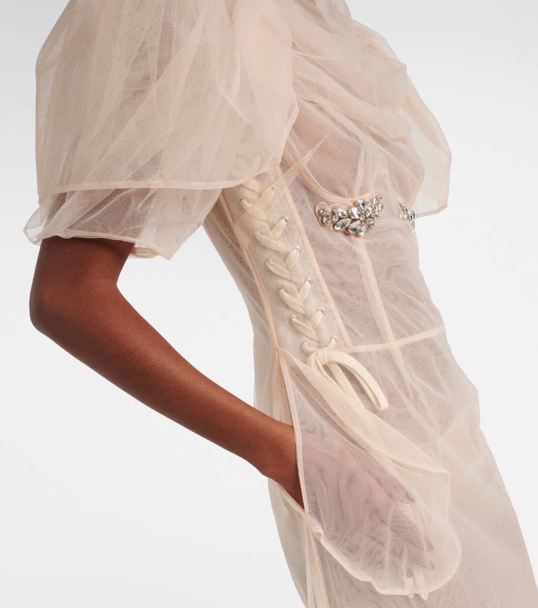 Embellished ruched mesh midi dress in beige - Simone Rocha | Mytheresa