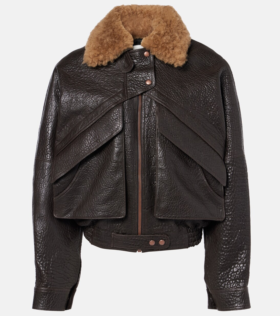 Cropped shearling-trimmed leather jacket in brown - Magda Butrym ...