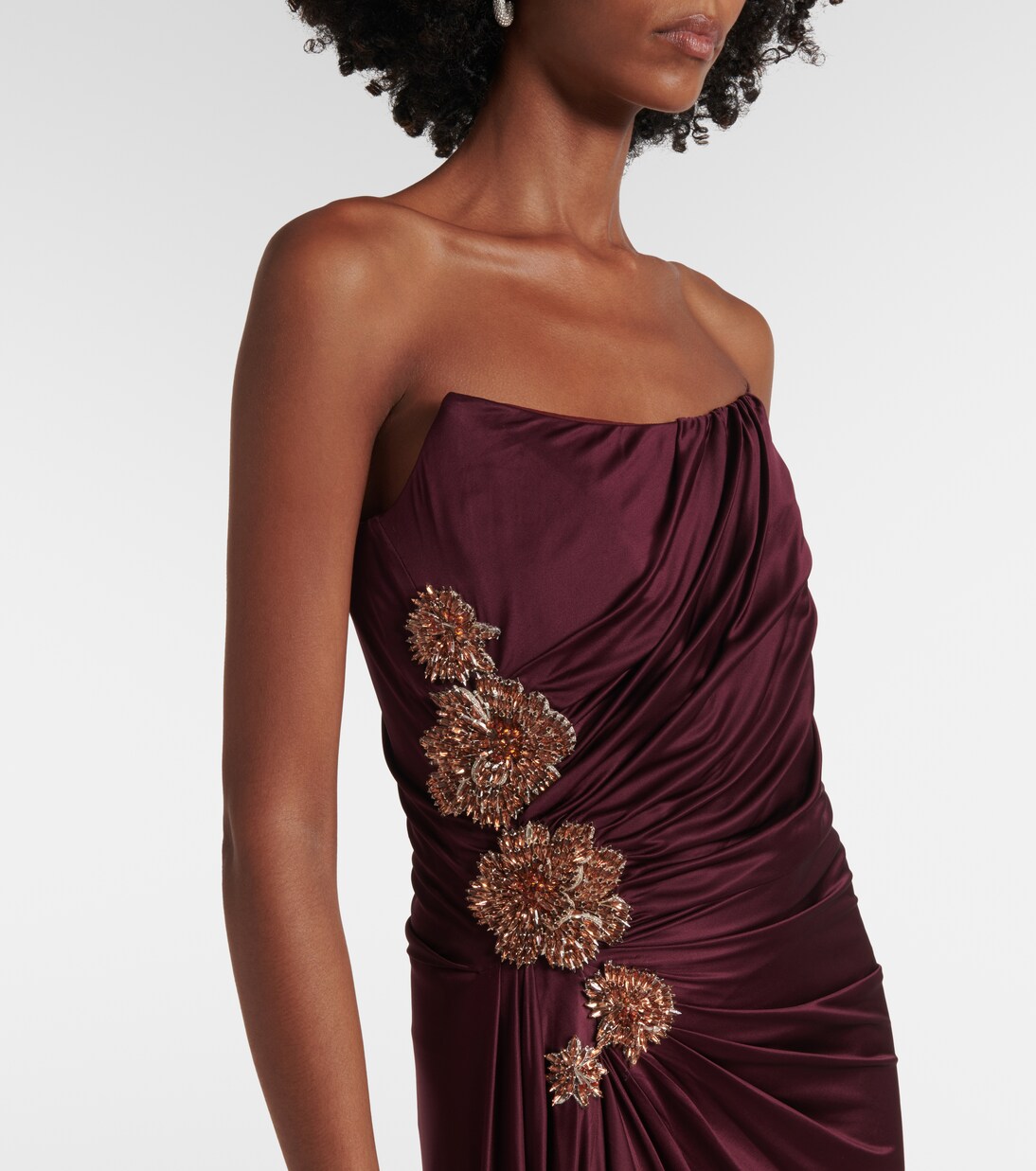 Milia embellished gathered gown in burgundy - Costarellos | Mytheresa