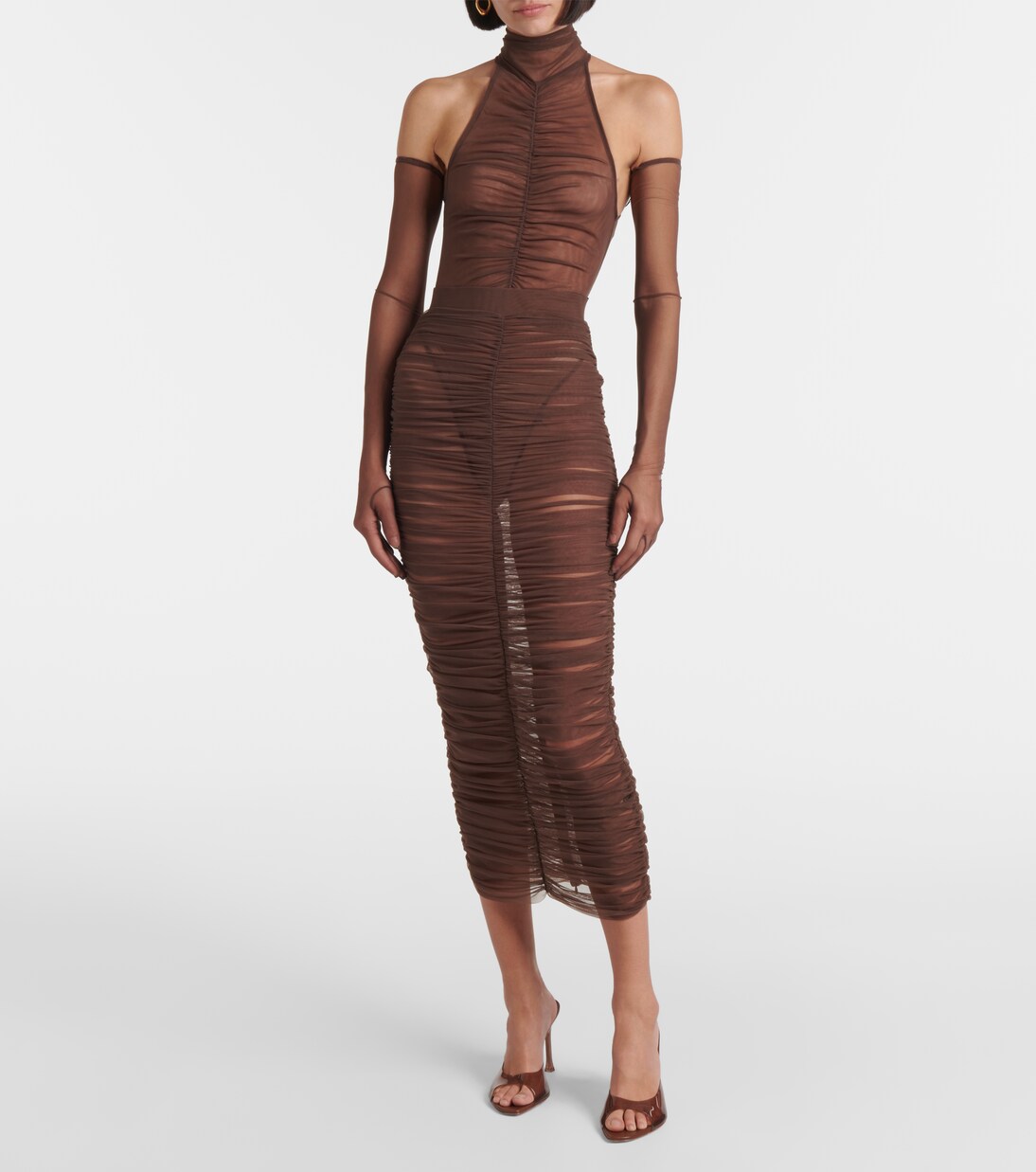 Ruched sheer bodysuit in brown - Alex Perry | Mytheresa