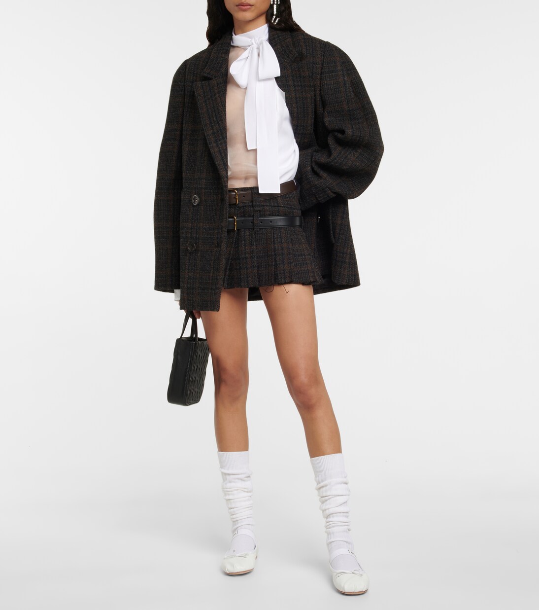 Checked pleated virgin wool miniskirt in brown - Miu Miu | Mytheresa