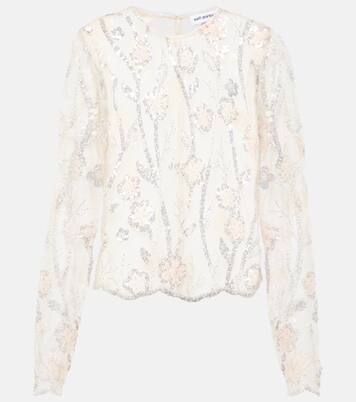 Floral sequined mesh top in silver - Self Portrait | Mytheresa