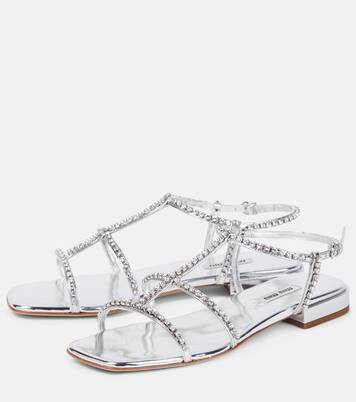 Embellished leather sandals in silver - Miu Miu | Mytheresa